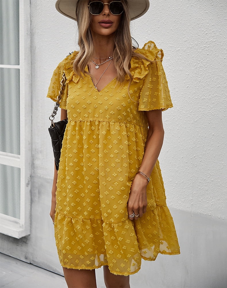 Ruffle Shoulder Textured Floral Detail Short Sleeve Dress for Women ...