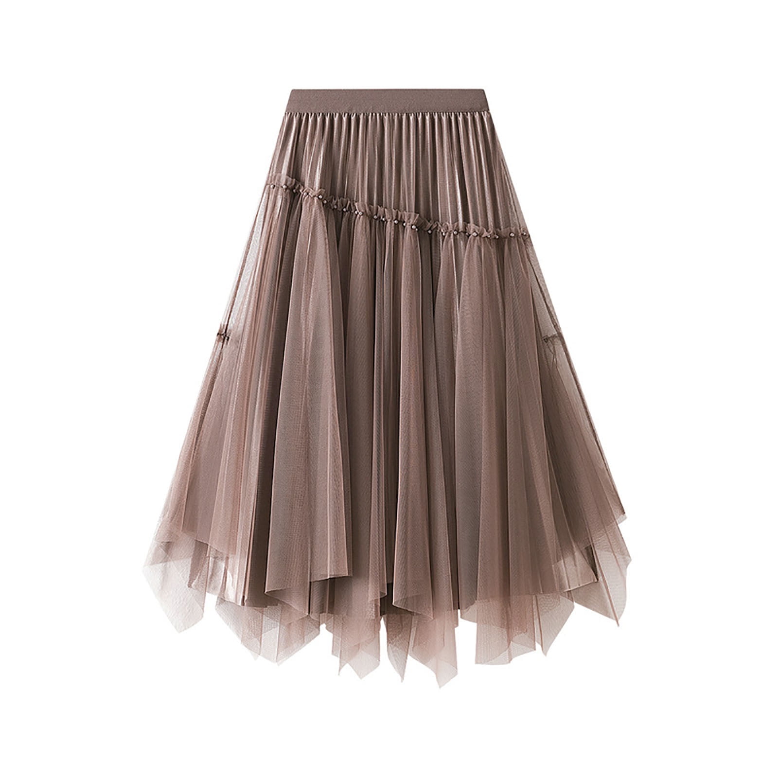 Ruffle Skirts for Women Midi Length Ladies Pure Color Irregular Mesh ...