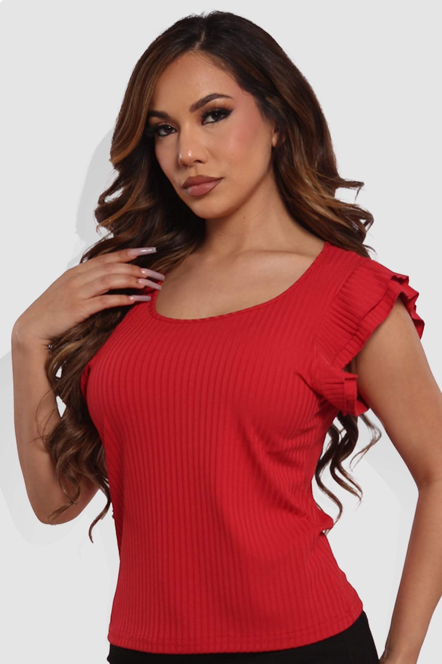 Ruffle Sleeves Rib Knit Tank Tops - Red - Walmart.com