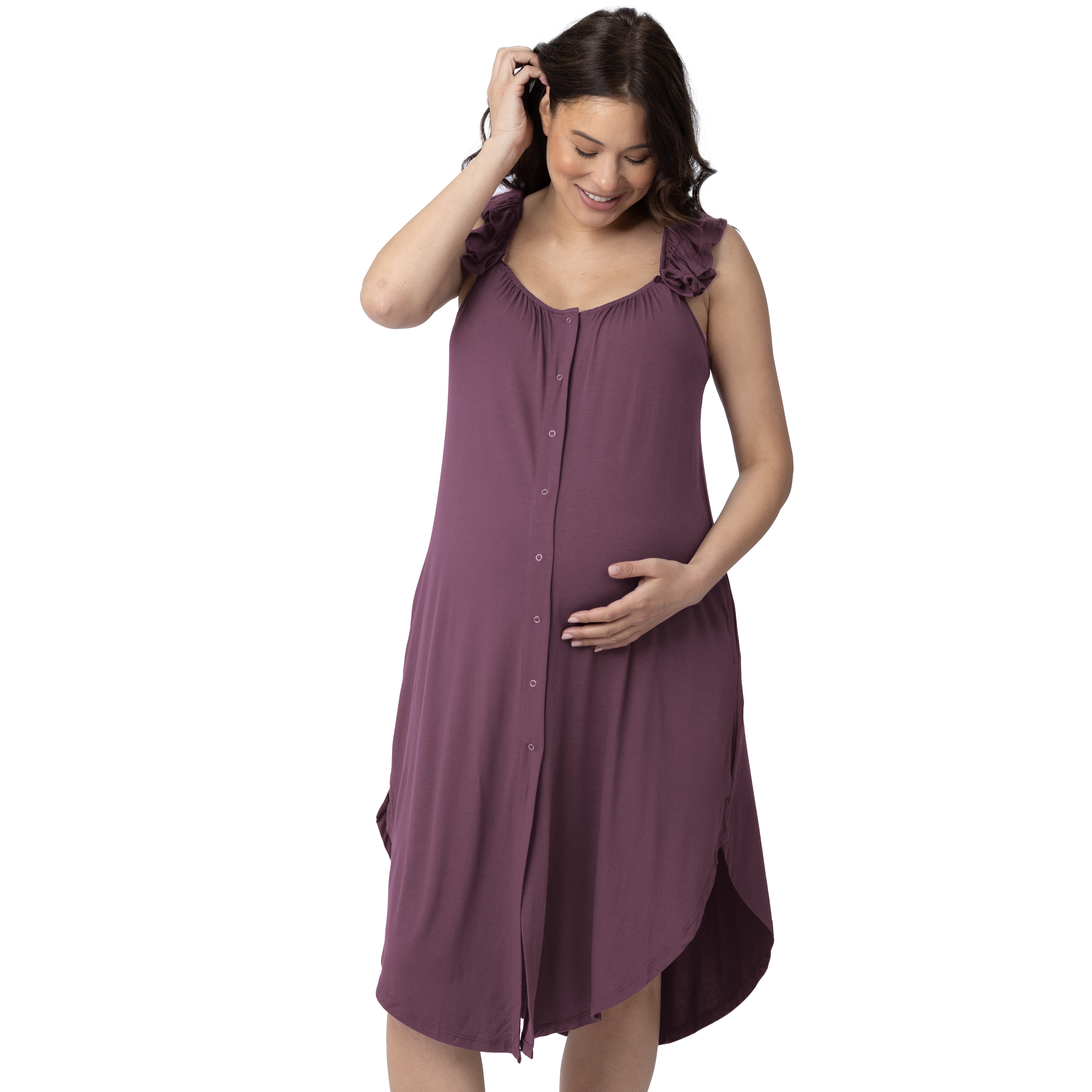 Kindred Bravely Ruffle Strap Labor & Delivery Gown |Burgundy Plum ...