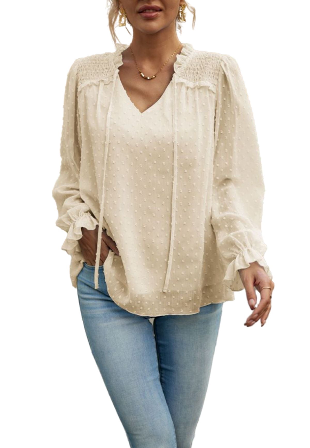 Ruffle Tie Neck Swiss Dot Long Sleeve Light Blouse for Women Beige ...