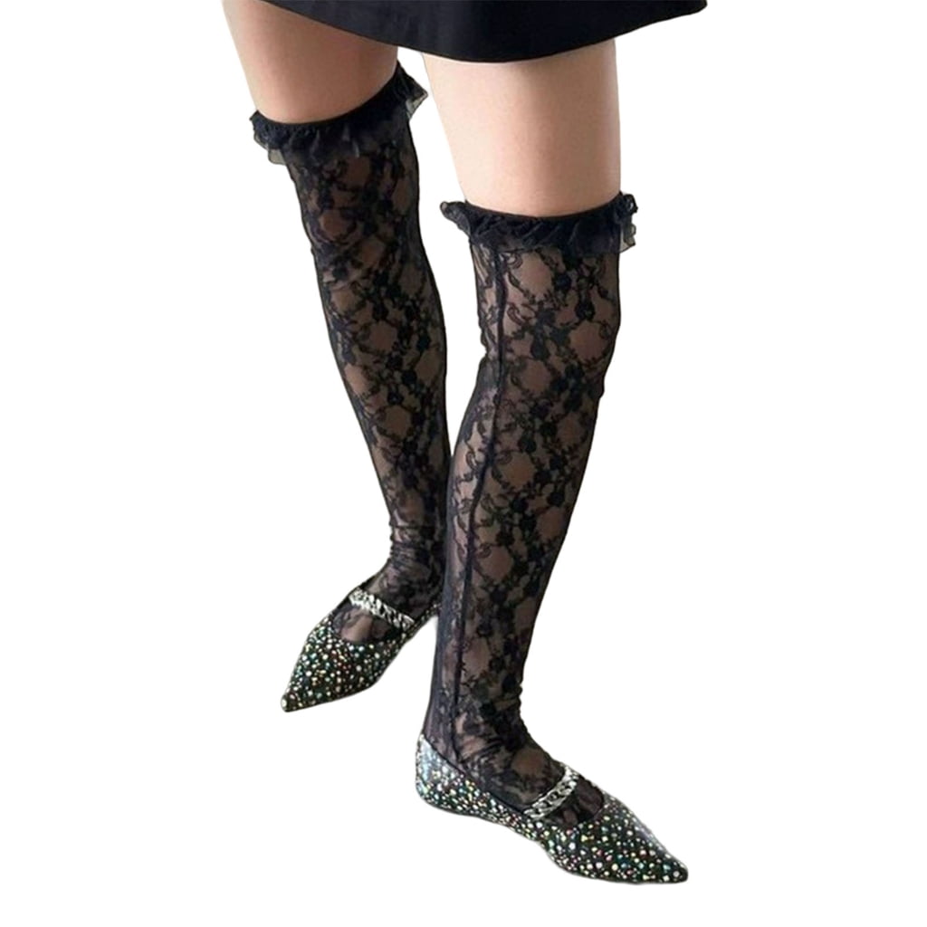 Ruffle Trim Thigh High Stockings for Women Flower Lace Fishnet Long ...