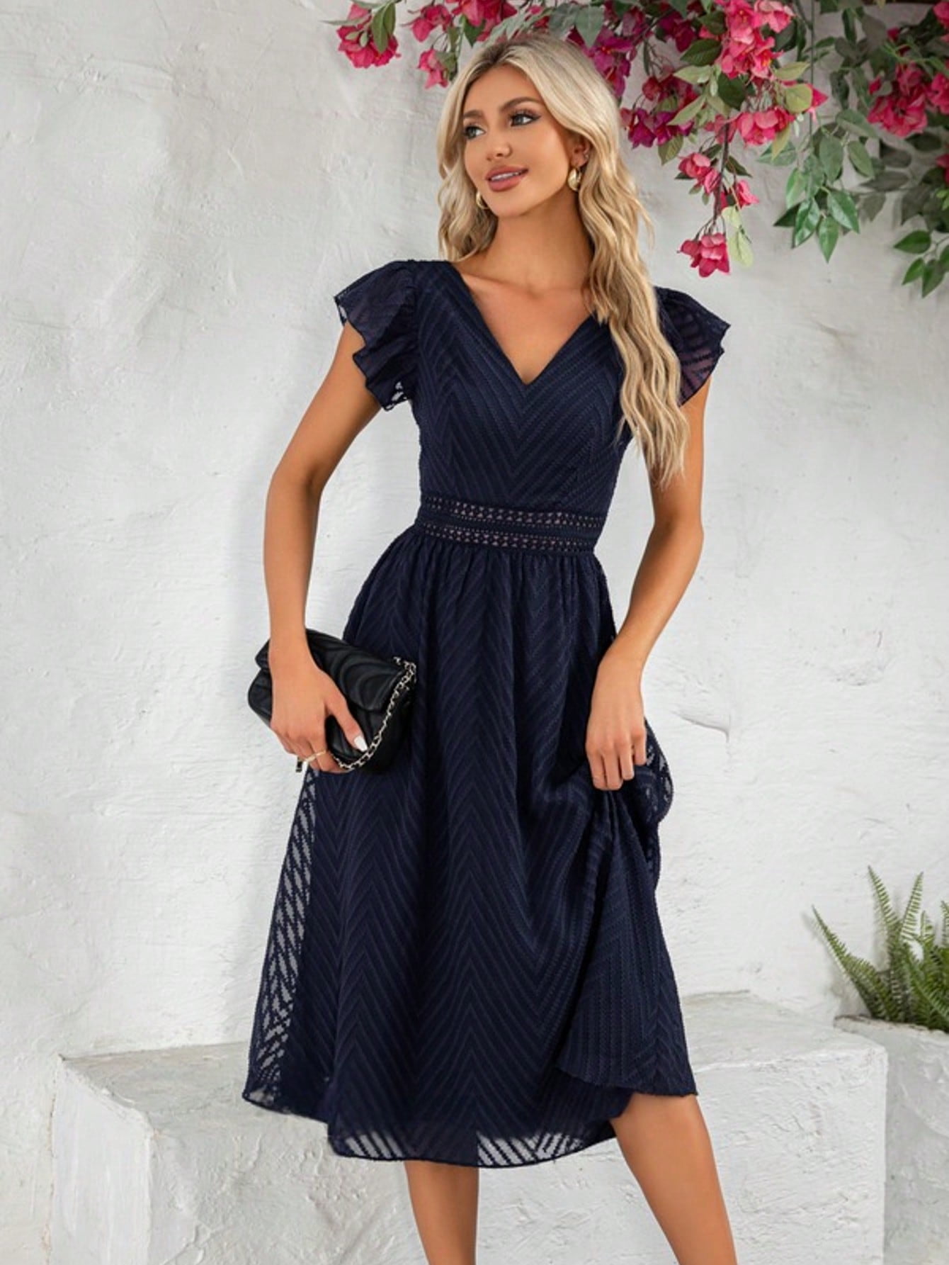 Ruffle V-Neck Cap Sleeve Flutter Sleeve A-Line Chiffon Jacquard Midi ...