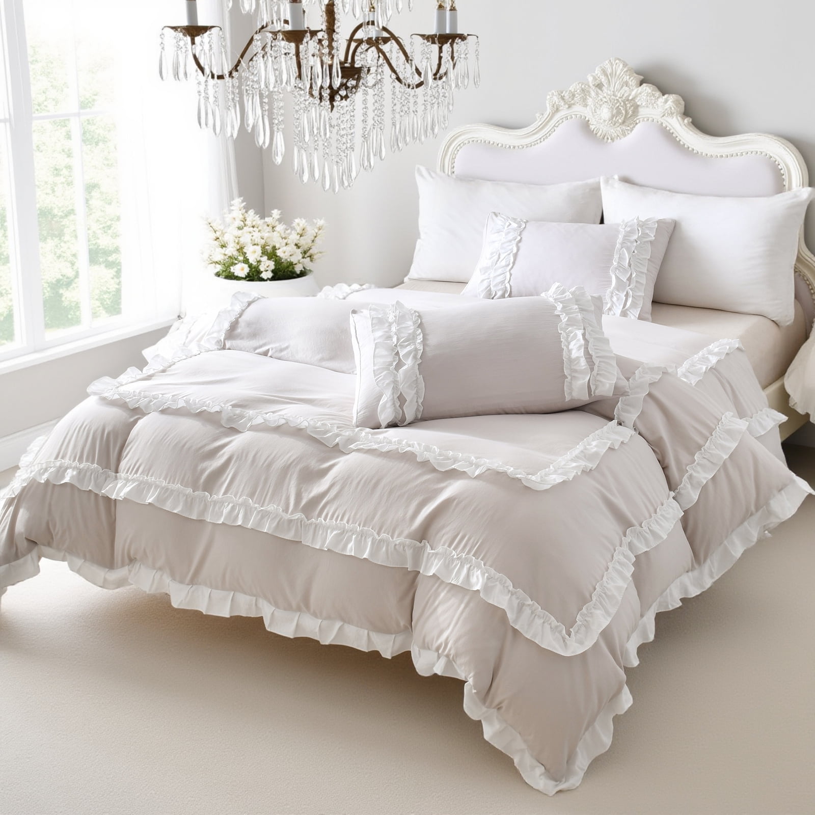 Ruffled Comforter Set 3 Pieces Boho Bedding Set Pleated Ruffle Fringe ...