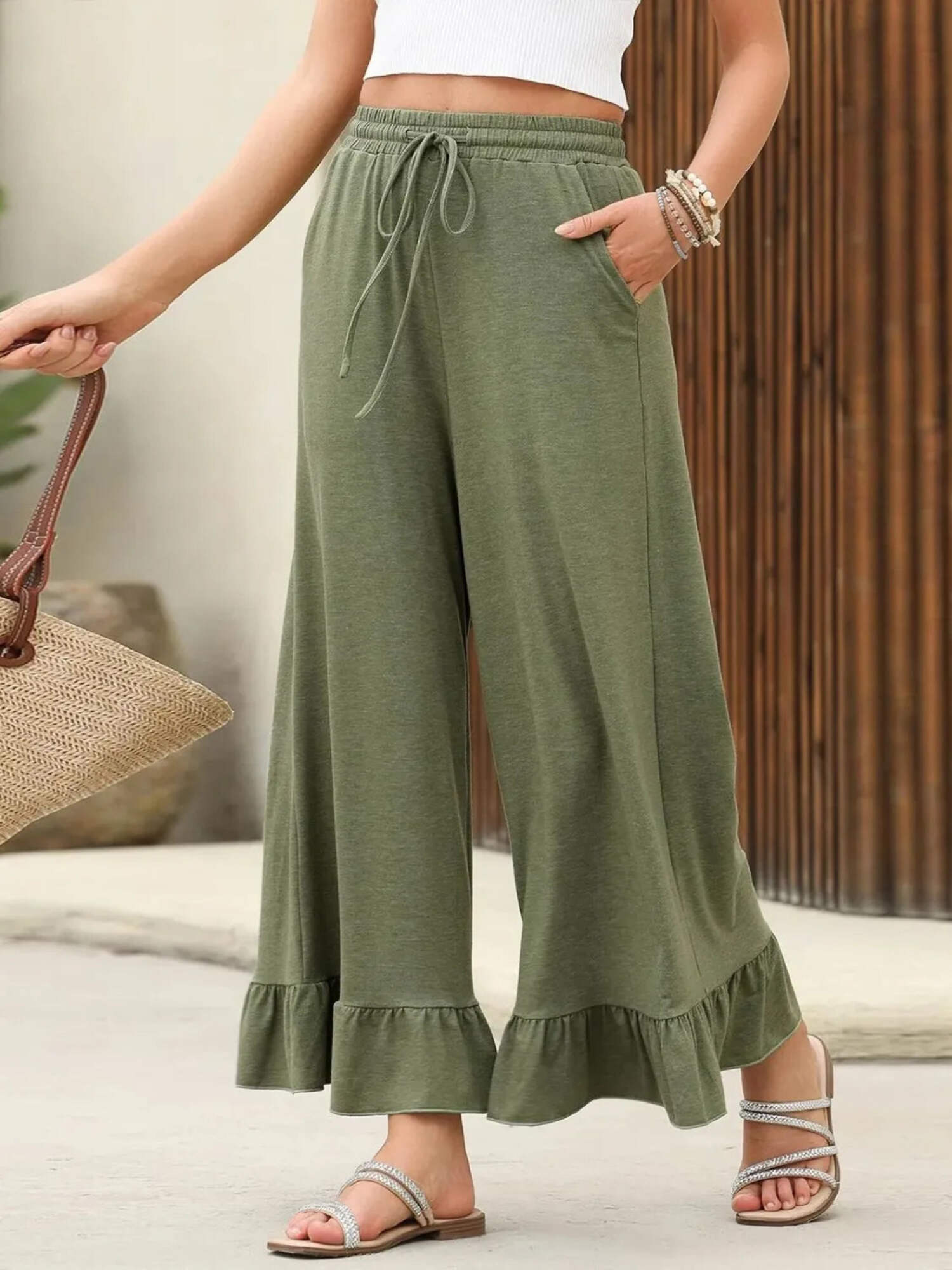 Ruffled Hem Wide Leg Pants - Walmart.com