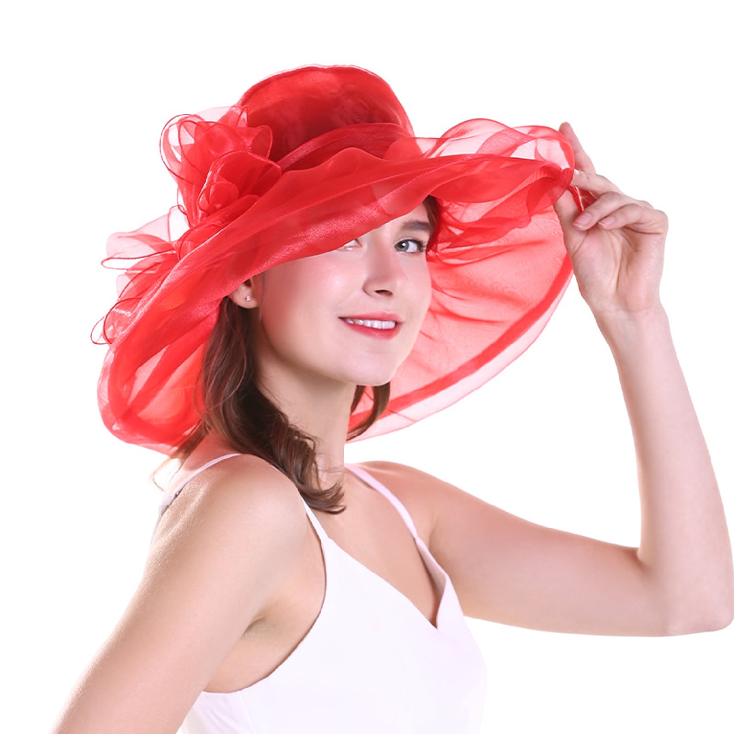 Ruffled Organza Sun Hat For Women Wedding Church Wide Brim Flower ...