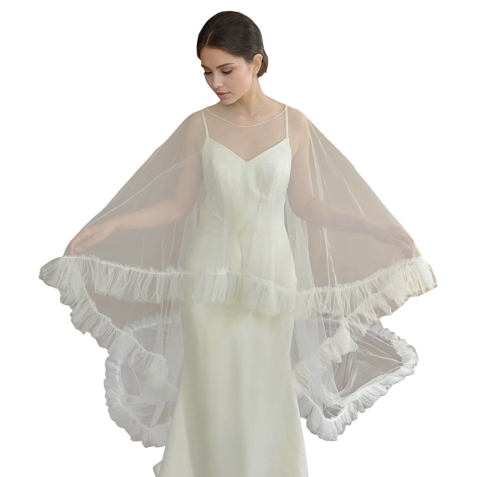 Ruffled Trimmed Chapels Capes Long Train Tulle Bridal Shawl Shoulder ...