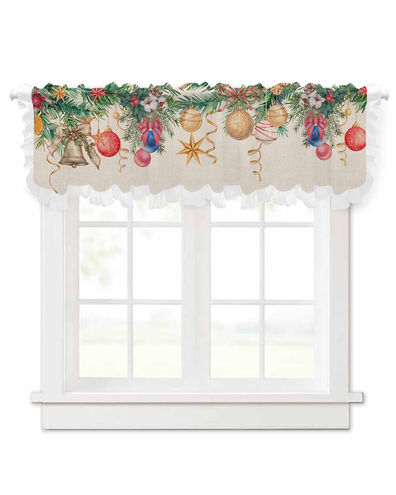 Ruffled Valance for Windows, Christmas Winter Light Balls Pine Branches ...