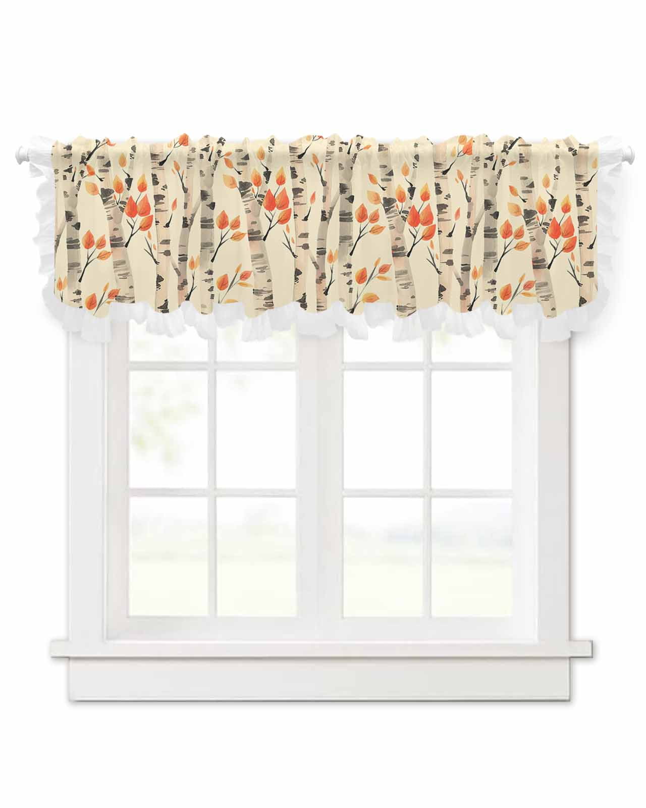 Ruffled Valance for Windows, Fall Botanical Leaves Trees Branches Hand ...