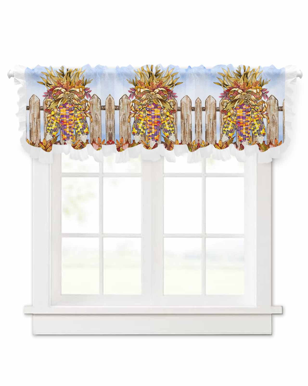Ruffled Valance for Windows, Fall Corns Maple Leaves Fences Sky Clouds ...