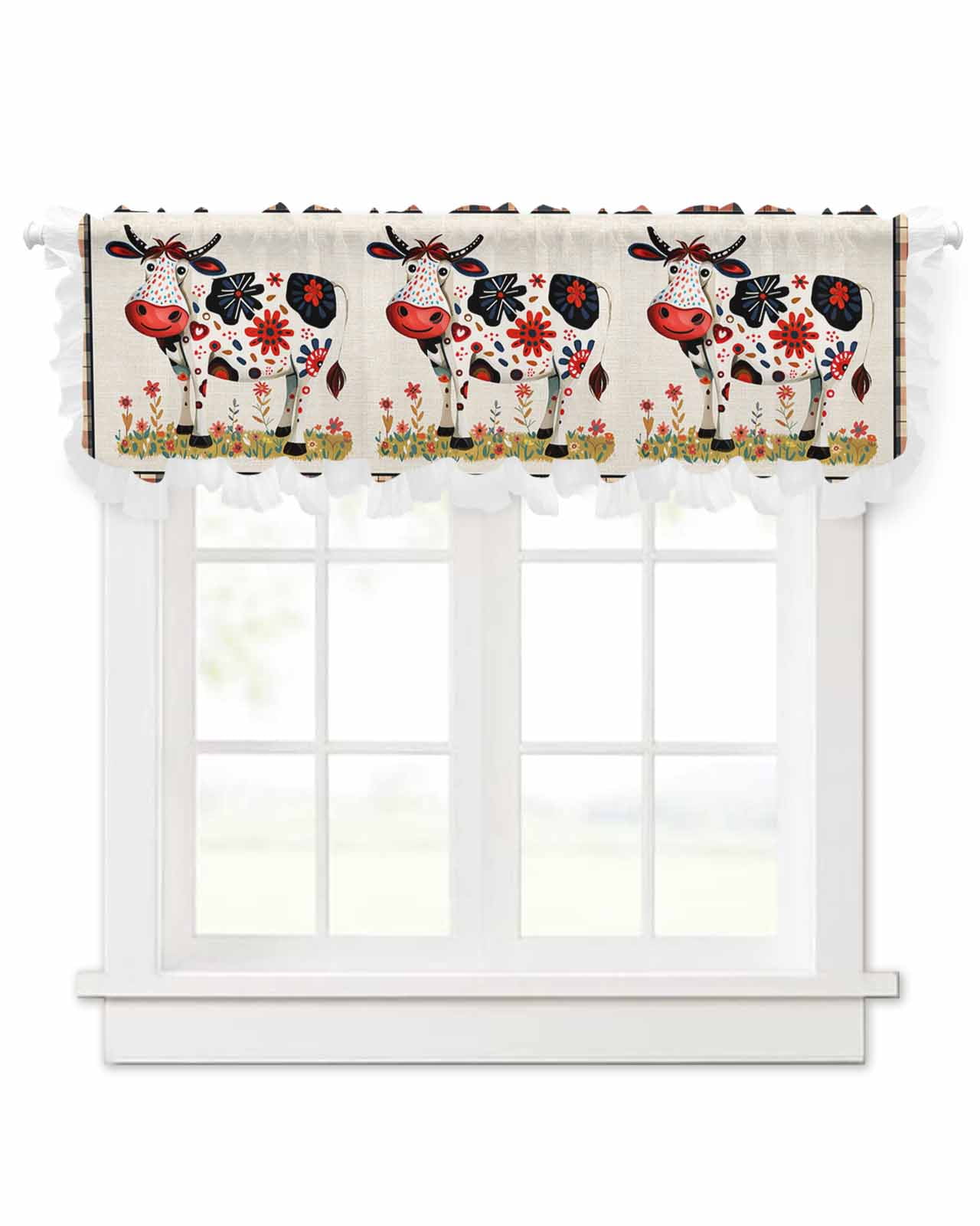 Ruffled Valance for Windows, Fall Farm Milk Cow Floral Flowers Leaves ...