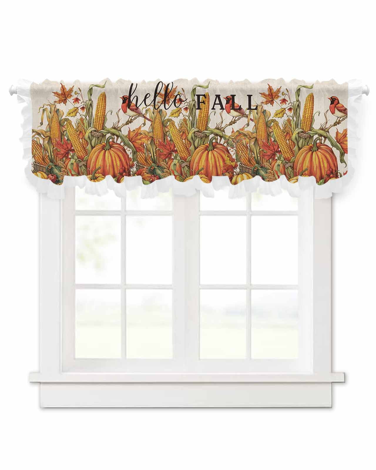 Ruffled Valance for Windows, Fall Thanksgiving Day Pumpkins Corns Maple ...