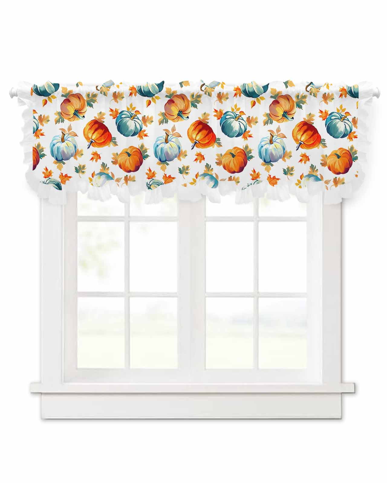 Ruffled Valance for Windows, Fall Thanksgiving Day Pumpkins Fallen ...