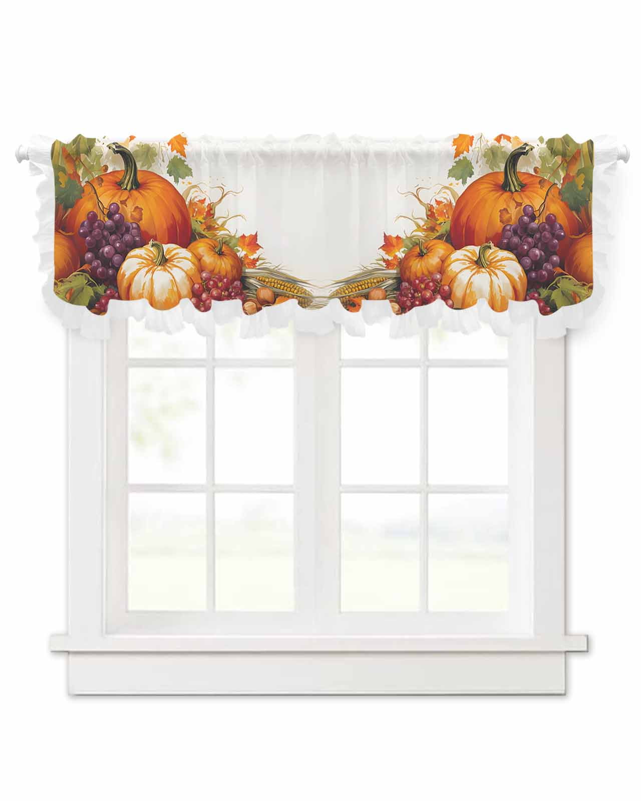 Ruffled Valance for Windows, Fall Thanksgiving Pumpkins Leaves Grapes ...