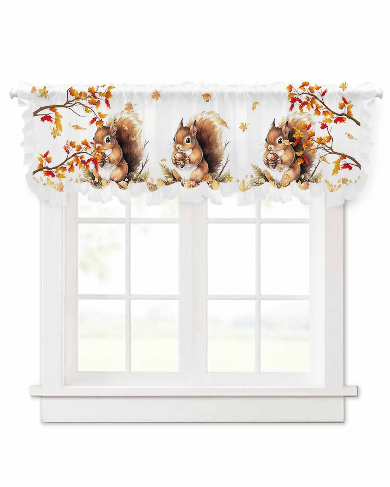 Ruffled Valance for Windows, Fall Thanksgiving Squirrel Orange Maple ...