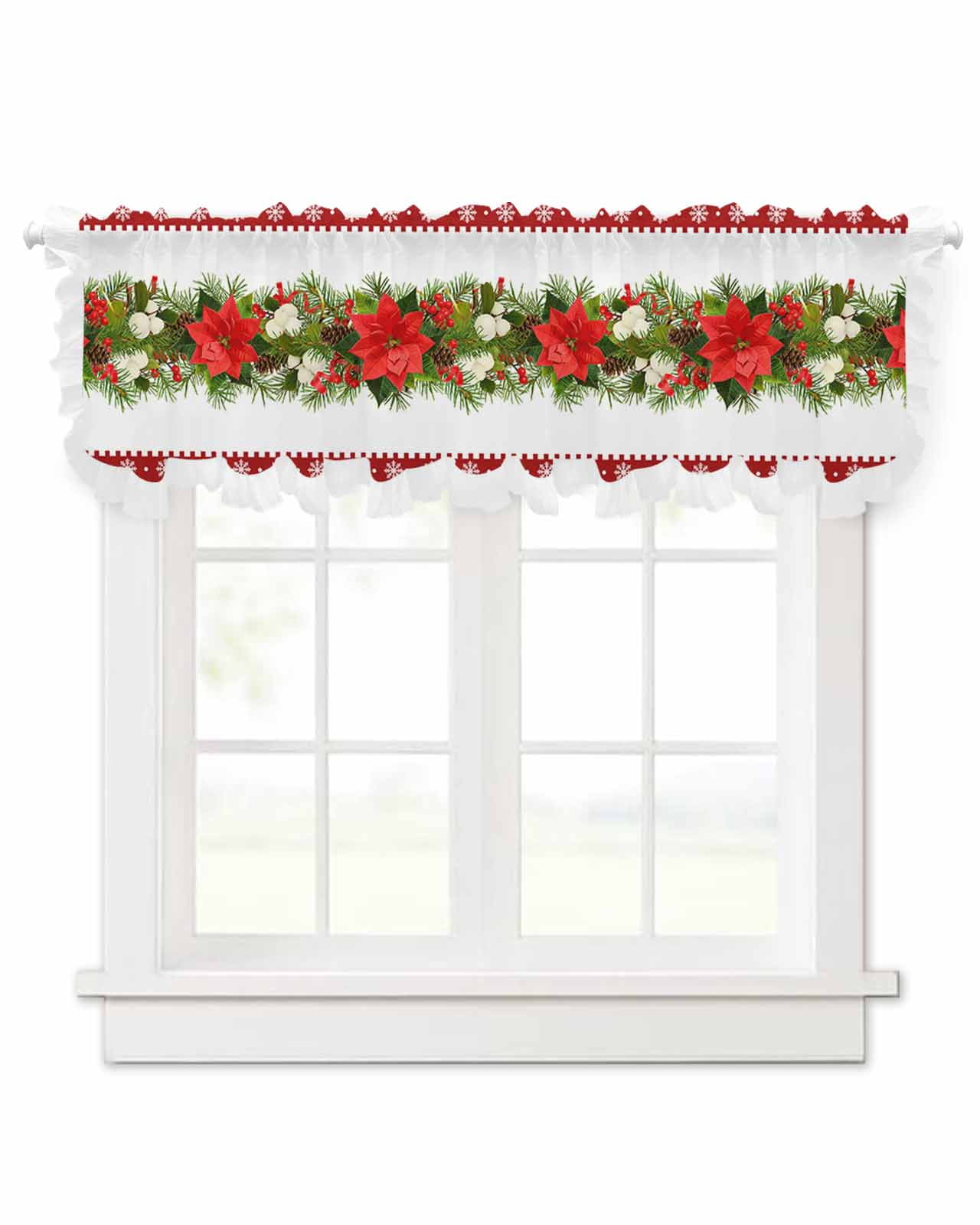 Ruffled Valance for Windows, Merry Christmas Winter Poinsettia Pine ...