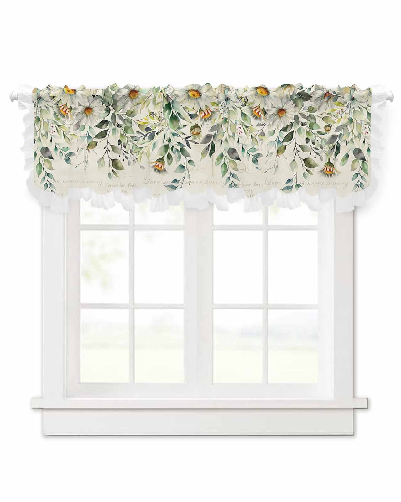 Ruffled Valance for Windows, Sage Green Eucalyptus Leaf White Daisy ...