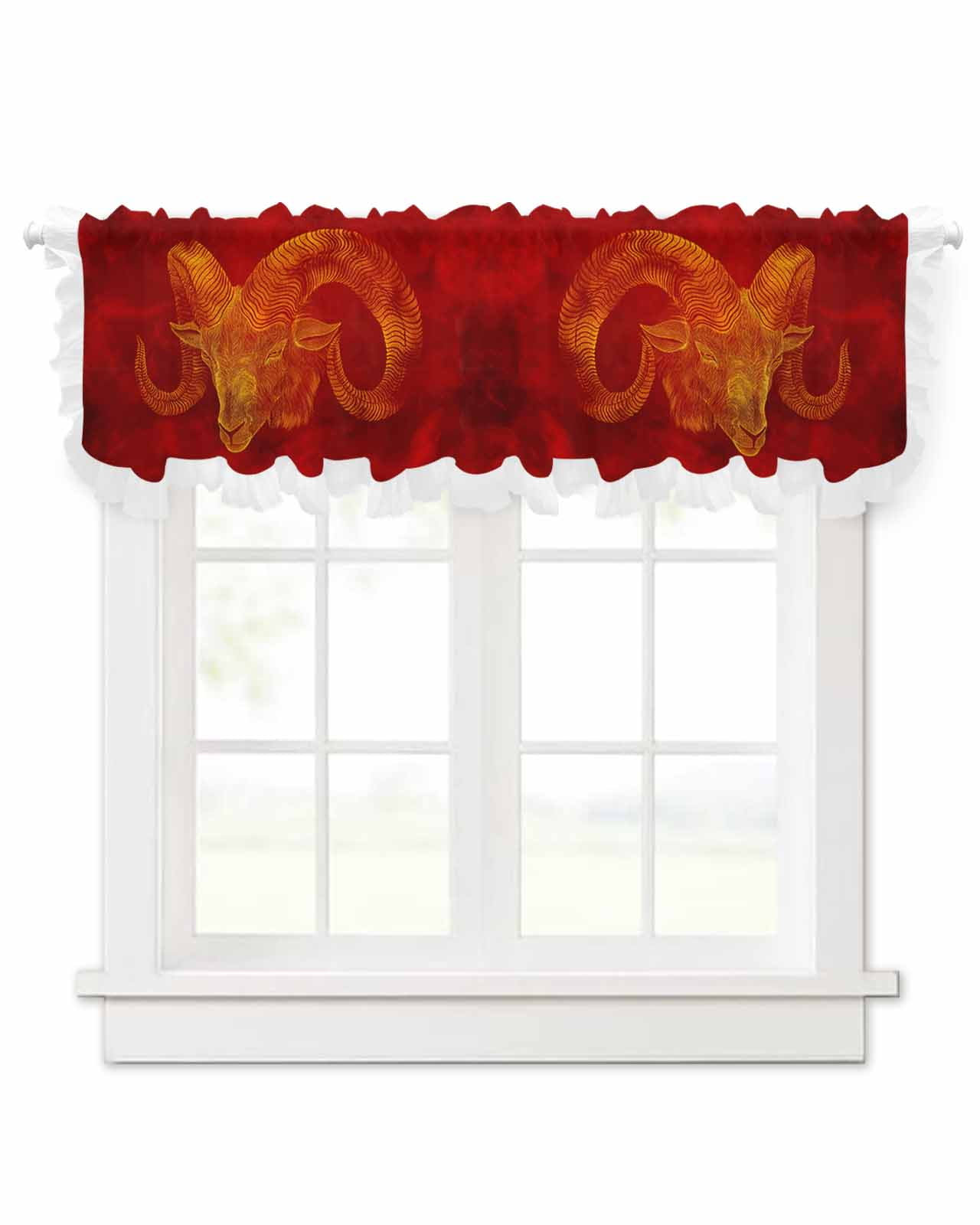 Ruffled Valance for Windows, Sheep Head Hand Painted Art Gold Red Boho ...