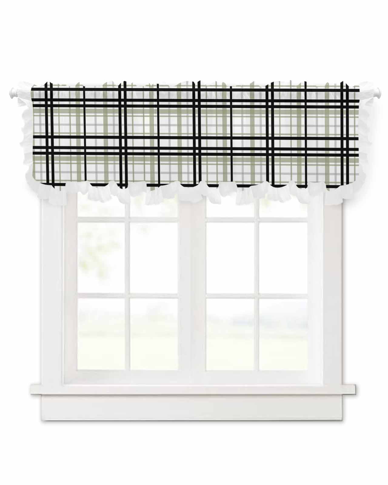 Ruffled Valance for Windows, Striped Lines Buffalo Plaid Textured Sage ...