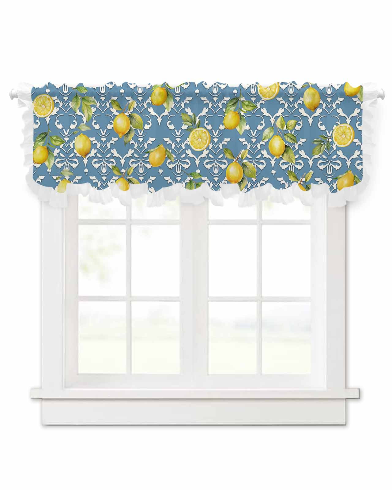 Ruffled Valance for Windows, Summer Lemons Leaves Floral Texture White ...