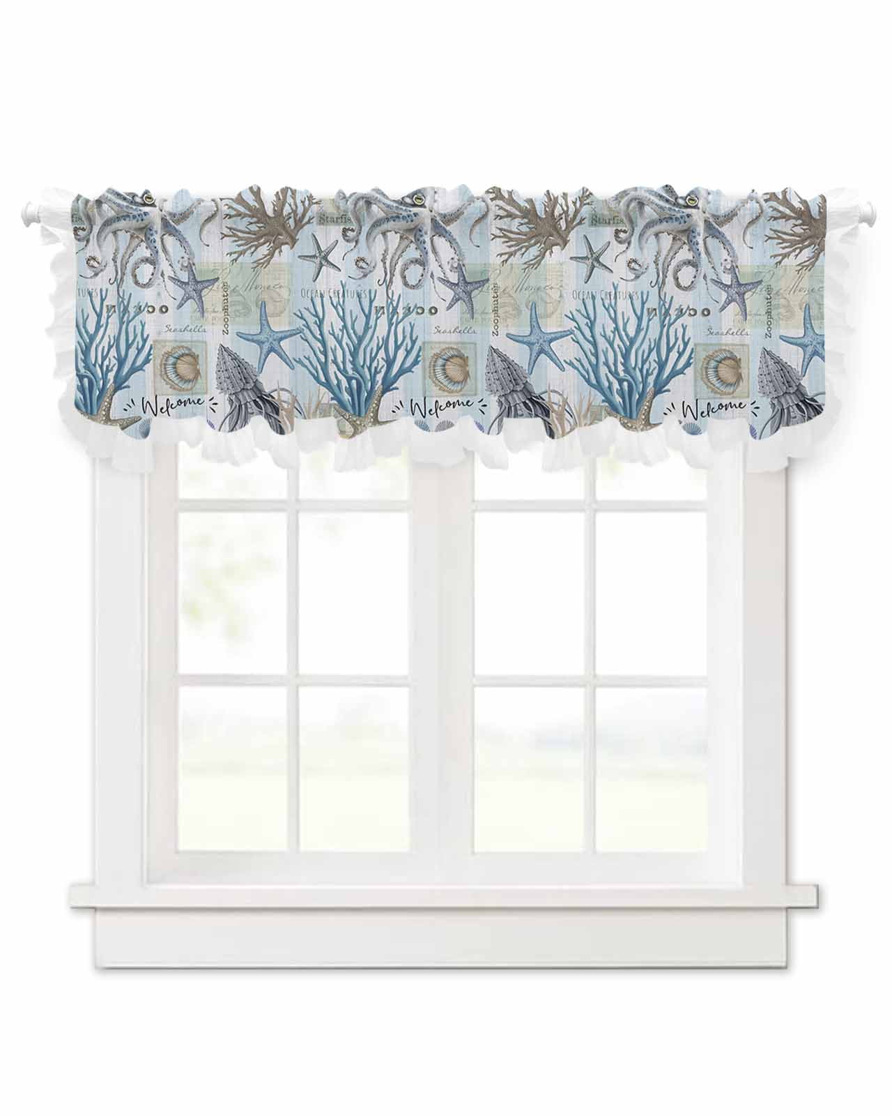 Ruffled Valance for Windows, Summer Light Gray Octopus Blue Coral ...