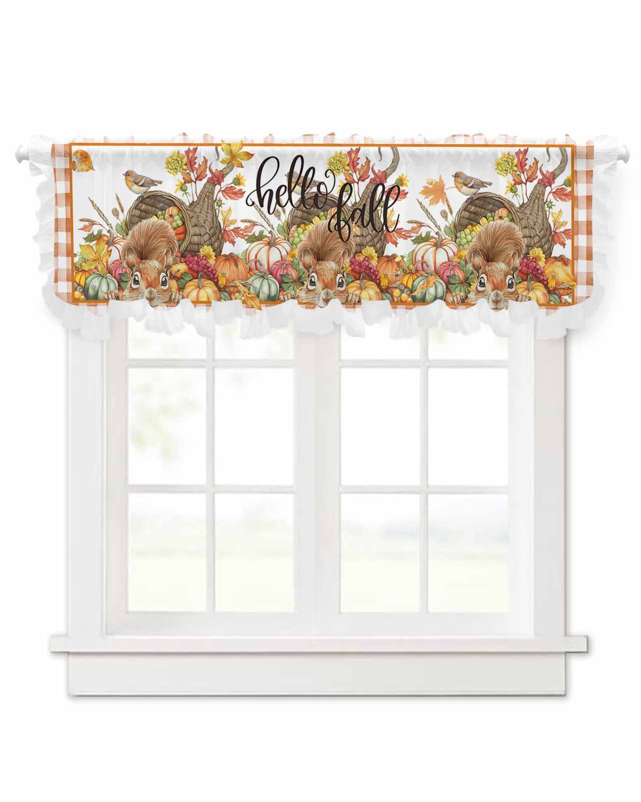 Ruffled Valance for Windows, Thanksgiving Fall Squirrel Pumpkins Fruits ...