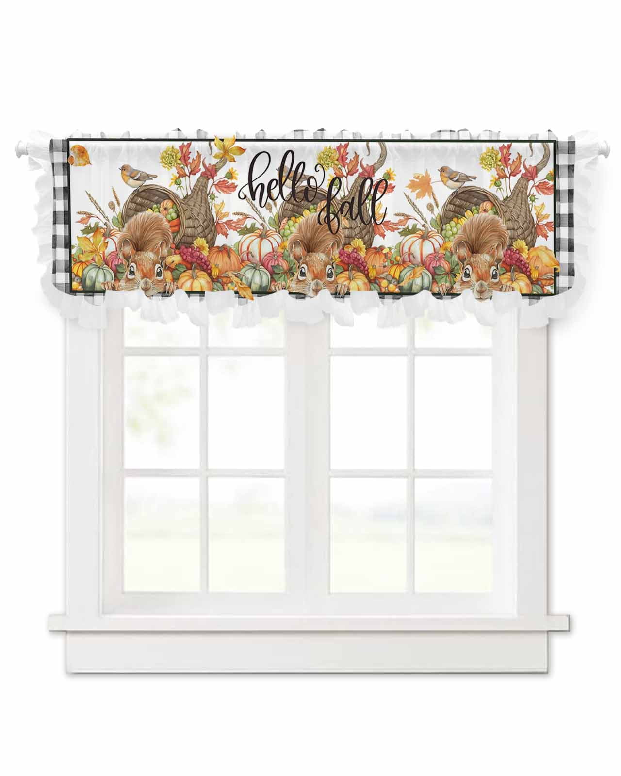 Ruffled Valance for Windows, Thanksgiving Fall Squirrel Pumpkins Maple ...