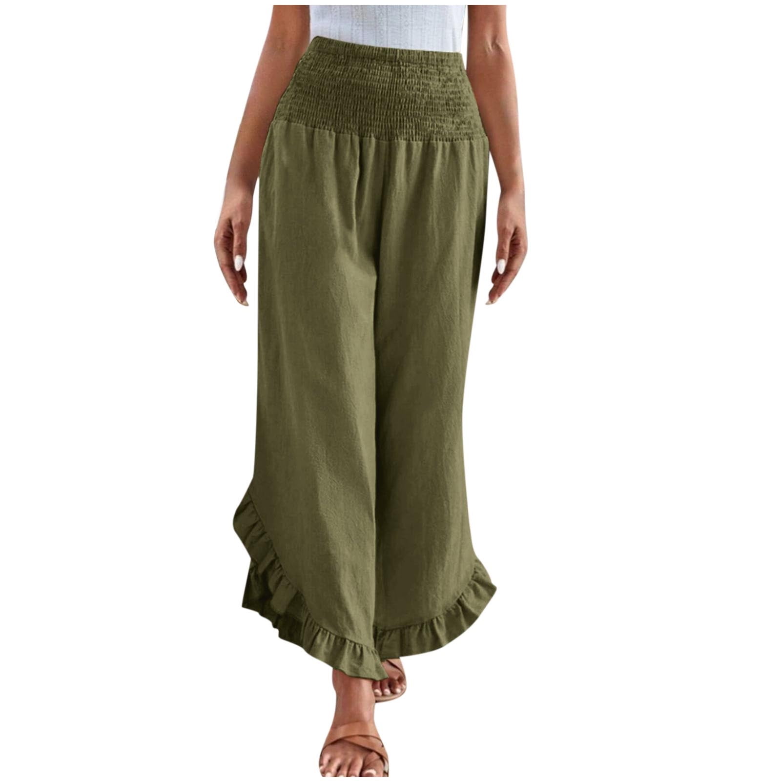 Ruffled Wide Leg Pants for Woman Plus Size Elastic High Waist Straight ...