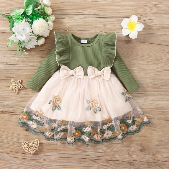Ruffles Long Sleeve Patchwork Embroidery Flowers Mesh Dress For Age 12 ...