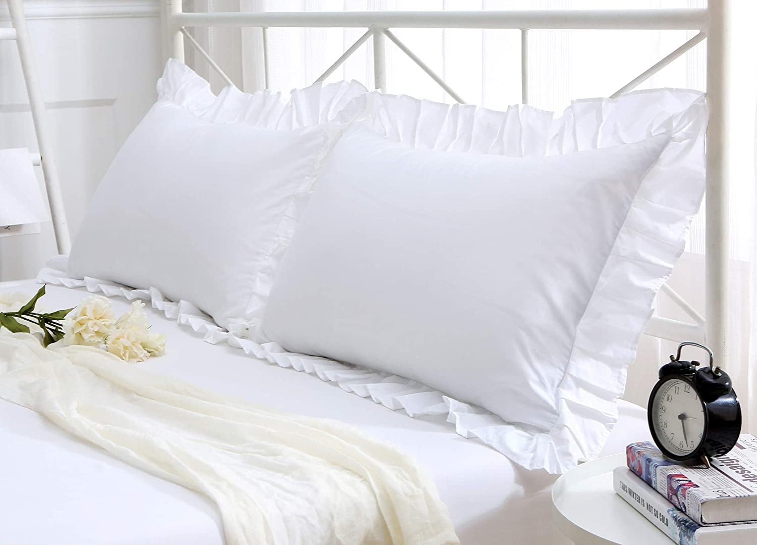 Ruffles Pillow Cases Shams Covers White Standard Size 2 Pack Egyptian ...