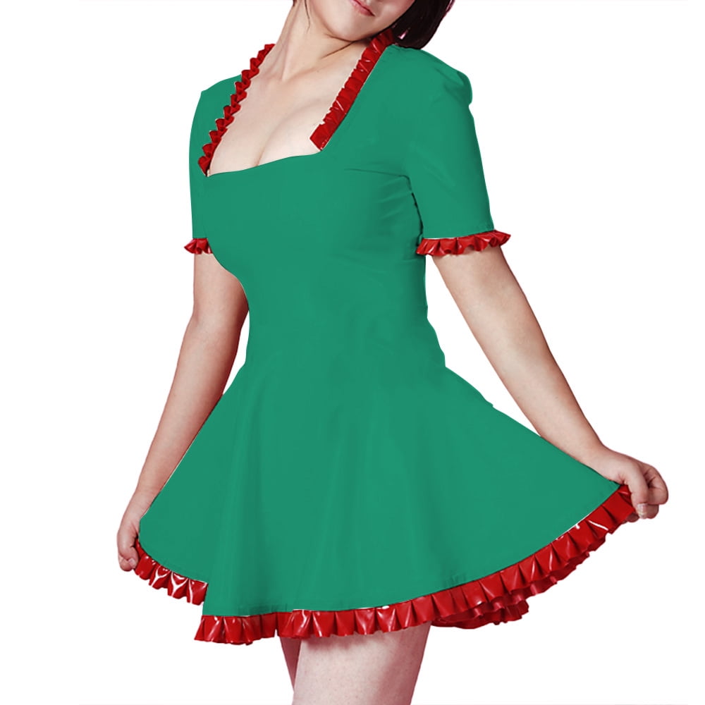 Ruffles Short Sleeve A-line Pleated PVC Mini Dress Smoothing Faux ...