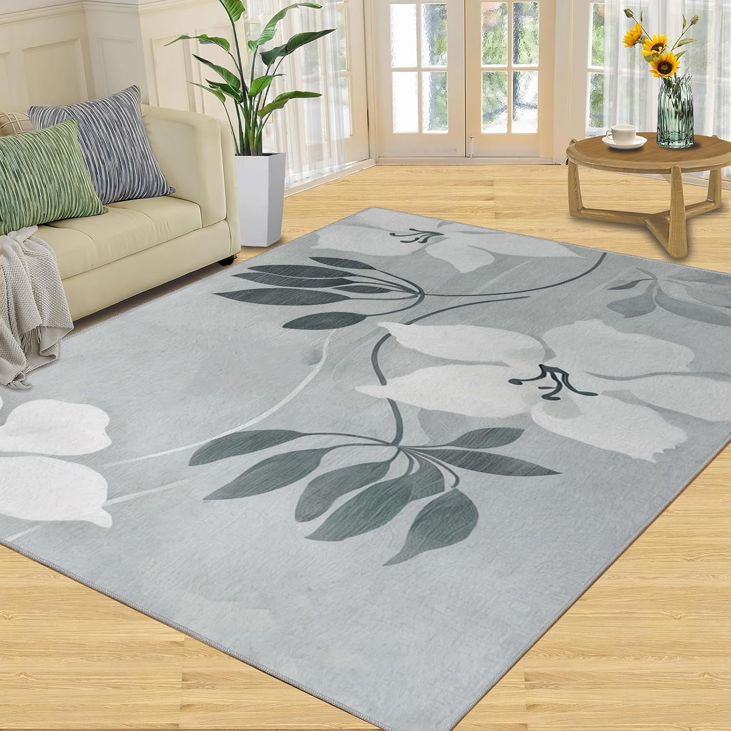 Rug Elegant Natural Rug, Gray Flowers Rugs for Living Room, Soft Non ...