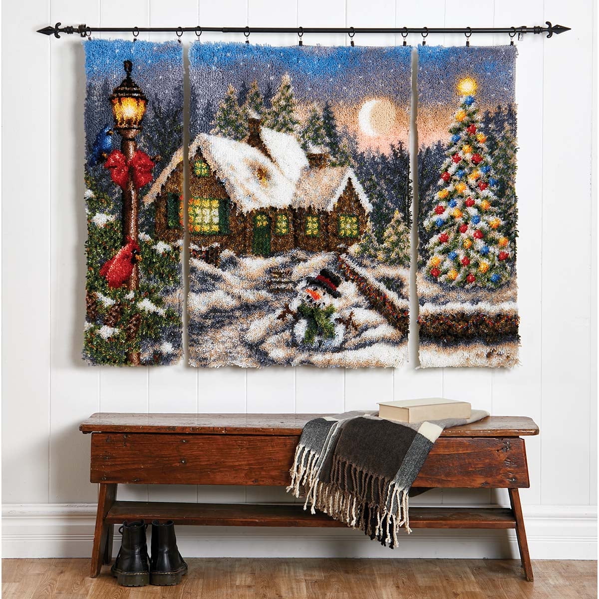 Rug Making Latch Hooking Kit，Winter Cottage Triptych Latch Hook Kit ...