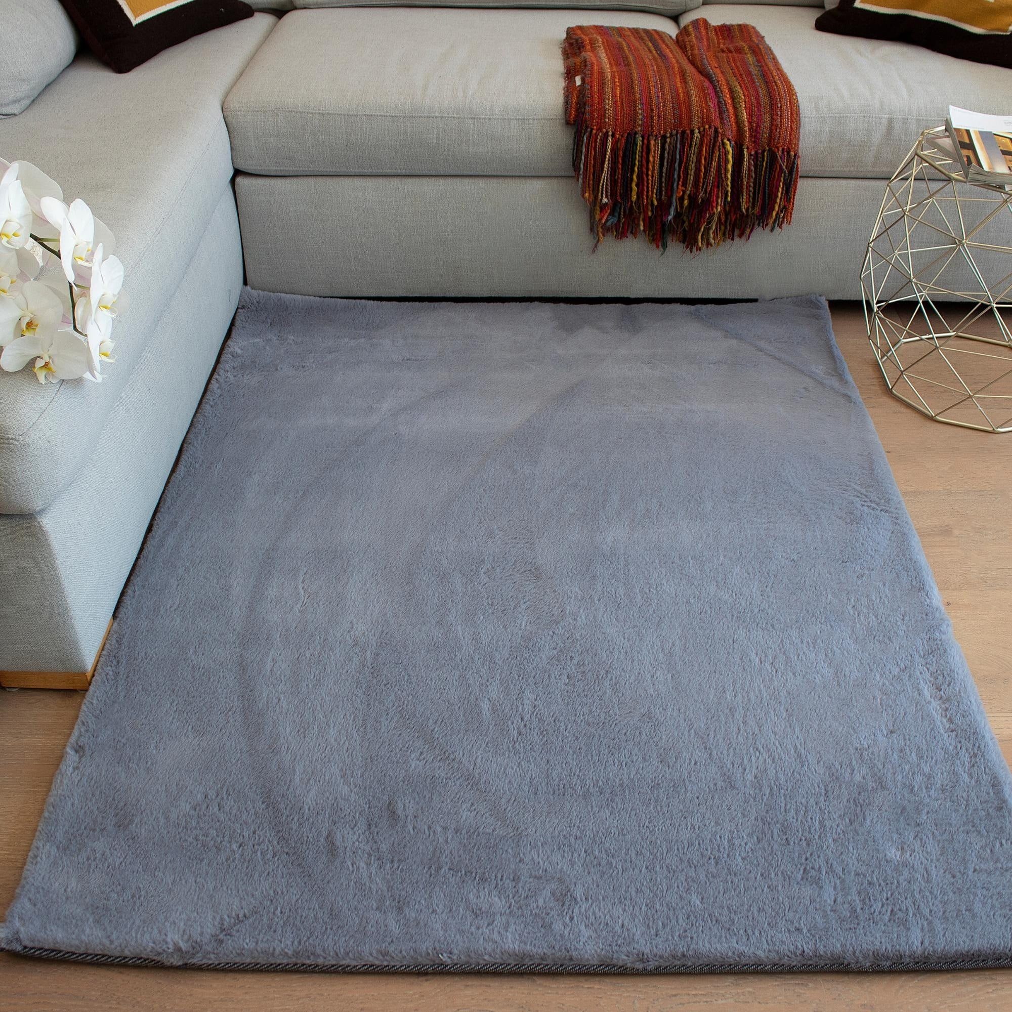 RugBerry LA Rug Linens Faux Rabbitskin Grey Shag Area Rug Soft Carpet 8 ...