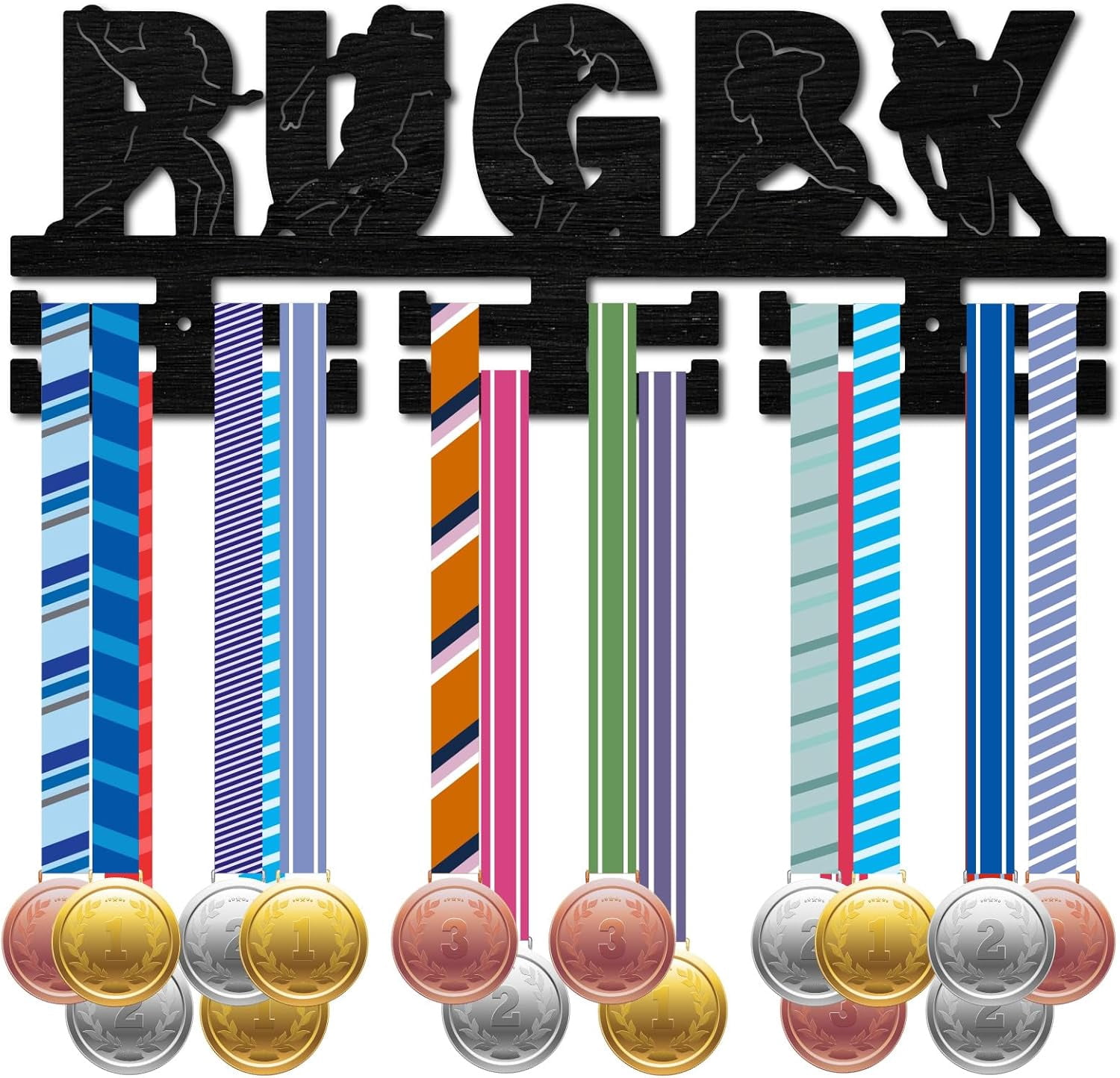 Rugby Medal Holder Sports Medal Hanger Display Ribbons Organizer Black ...