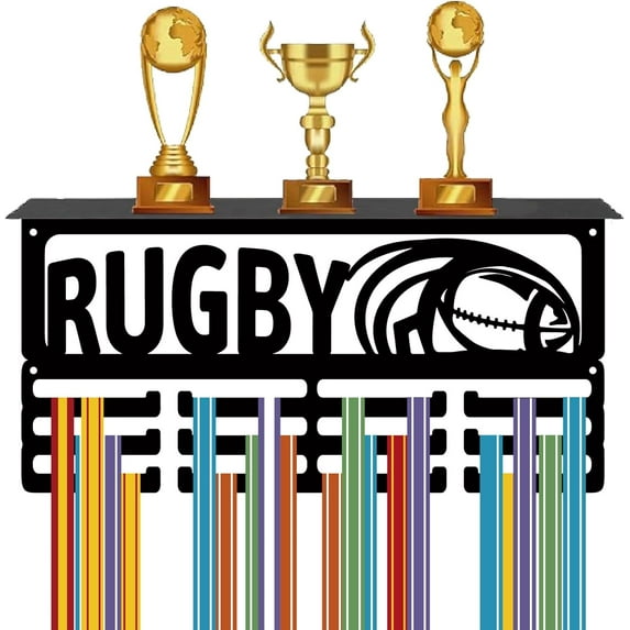 Rugby Medal Holder Trophy and Ribbon Display Shelf with 12 Hooks Sports ...