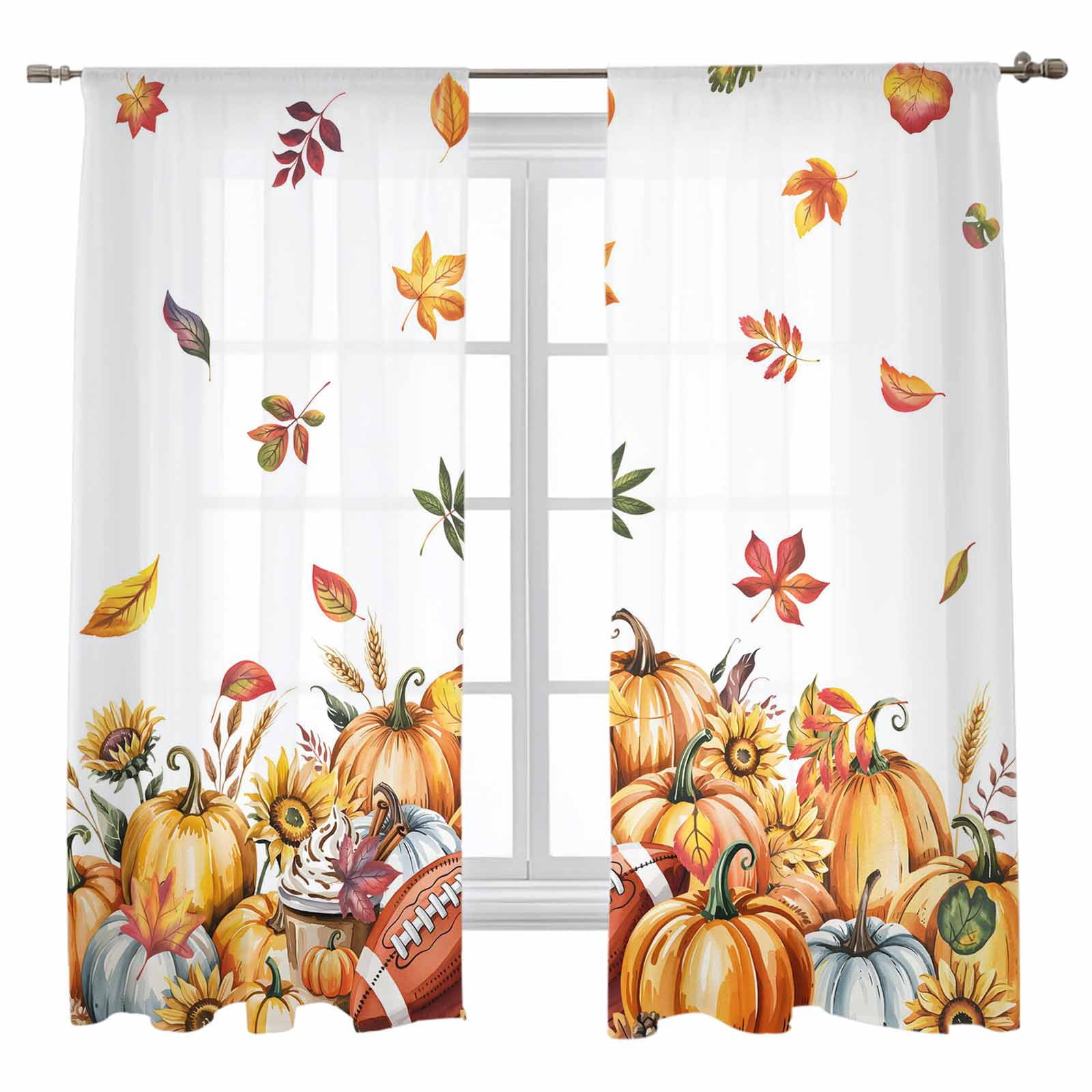 Rugby Pumpkin Sheer Curtains 63 inches Long, Autumn Sunflower Leaf ...