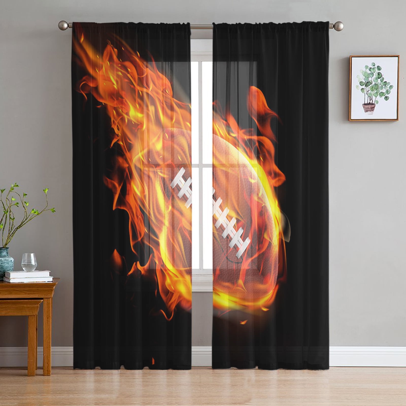 Rugby With Flames Black Tulle Sheer Window Curtains for Living Room ...