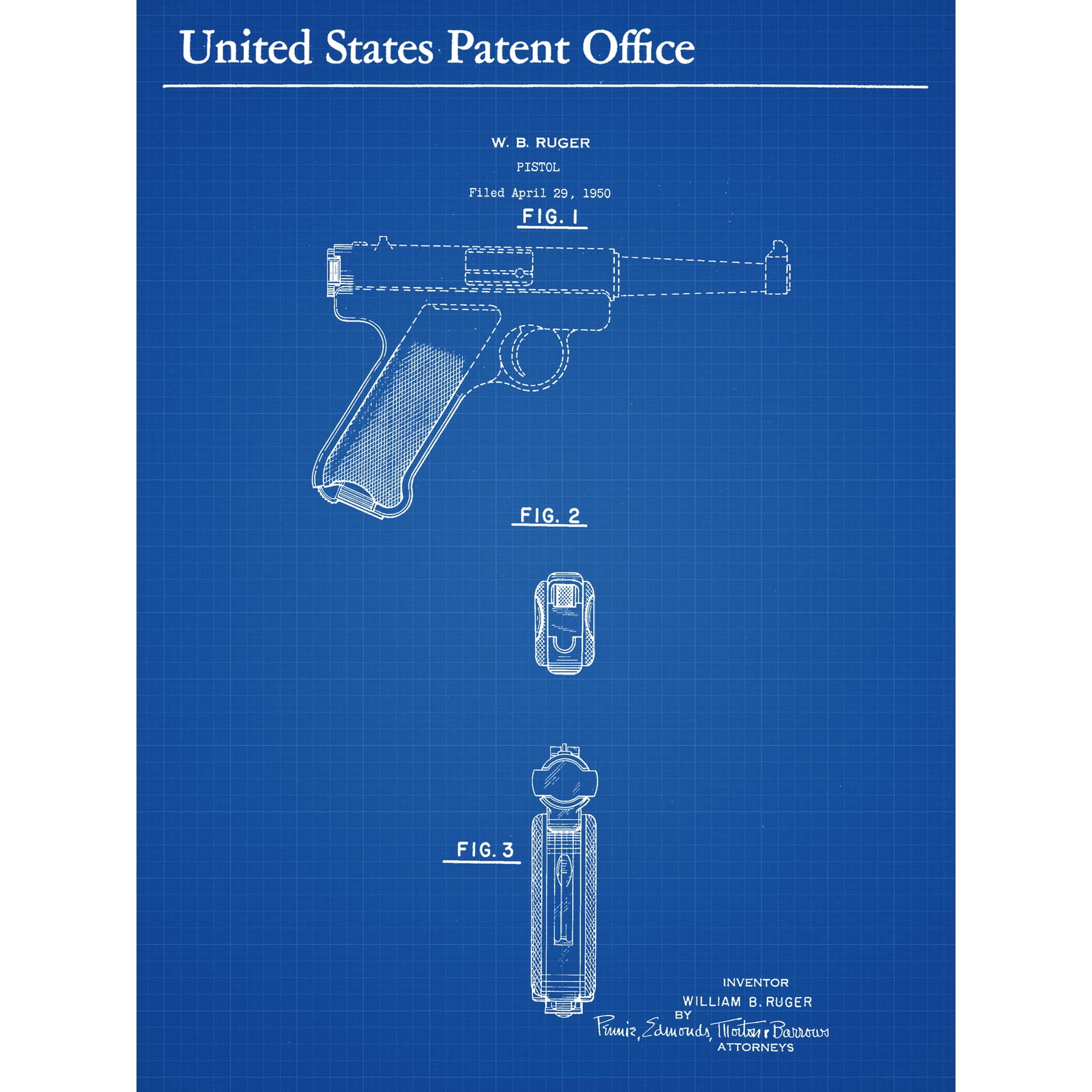 Ruger Pistol Gun Weapon 1951 Patent Plan Extra Large XL Wall Art Poster ...