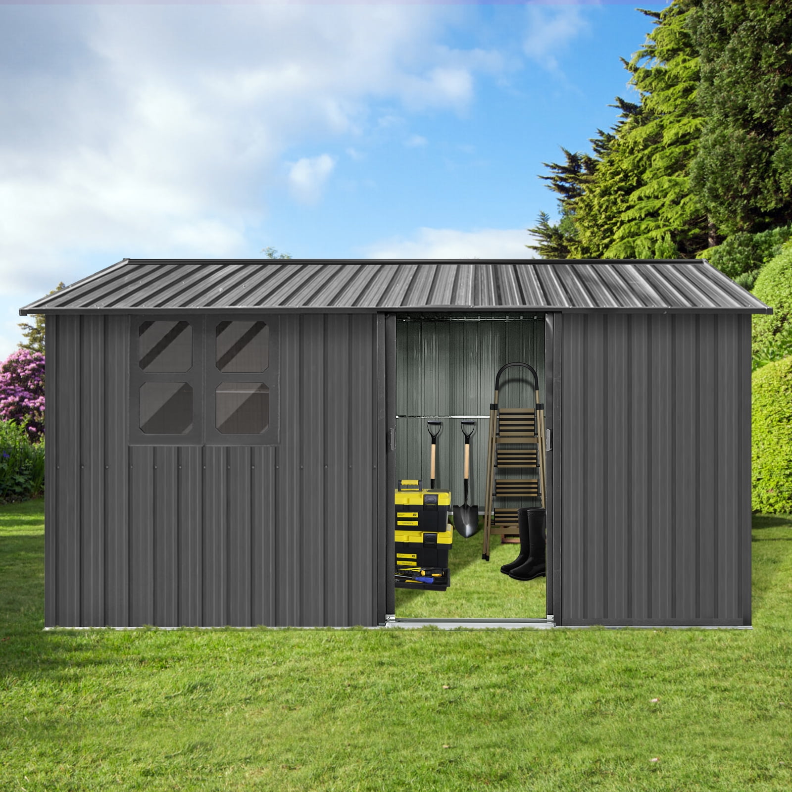 Rugerasy 12x10 Feet Stainless Steel Outdoor Storage Shed with Windows ...