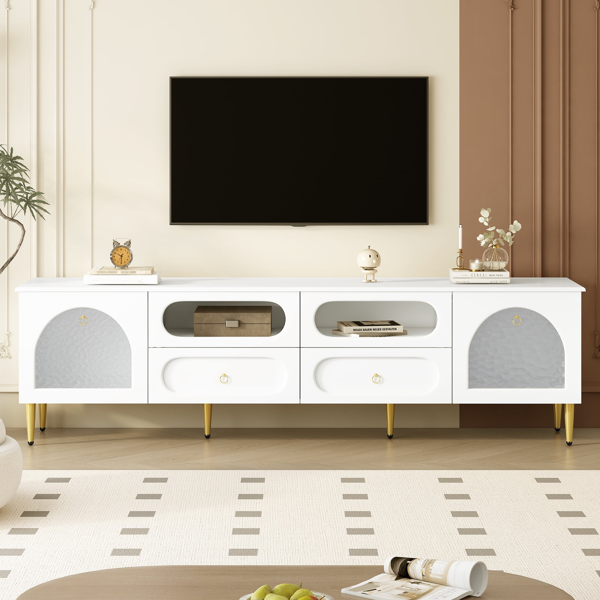 Rugerasy 47.2-inch Vintage TV Stand with 3 Cabinets, Glass Doors, Anti ...