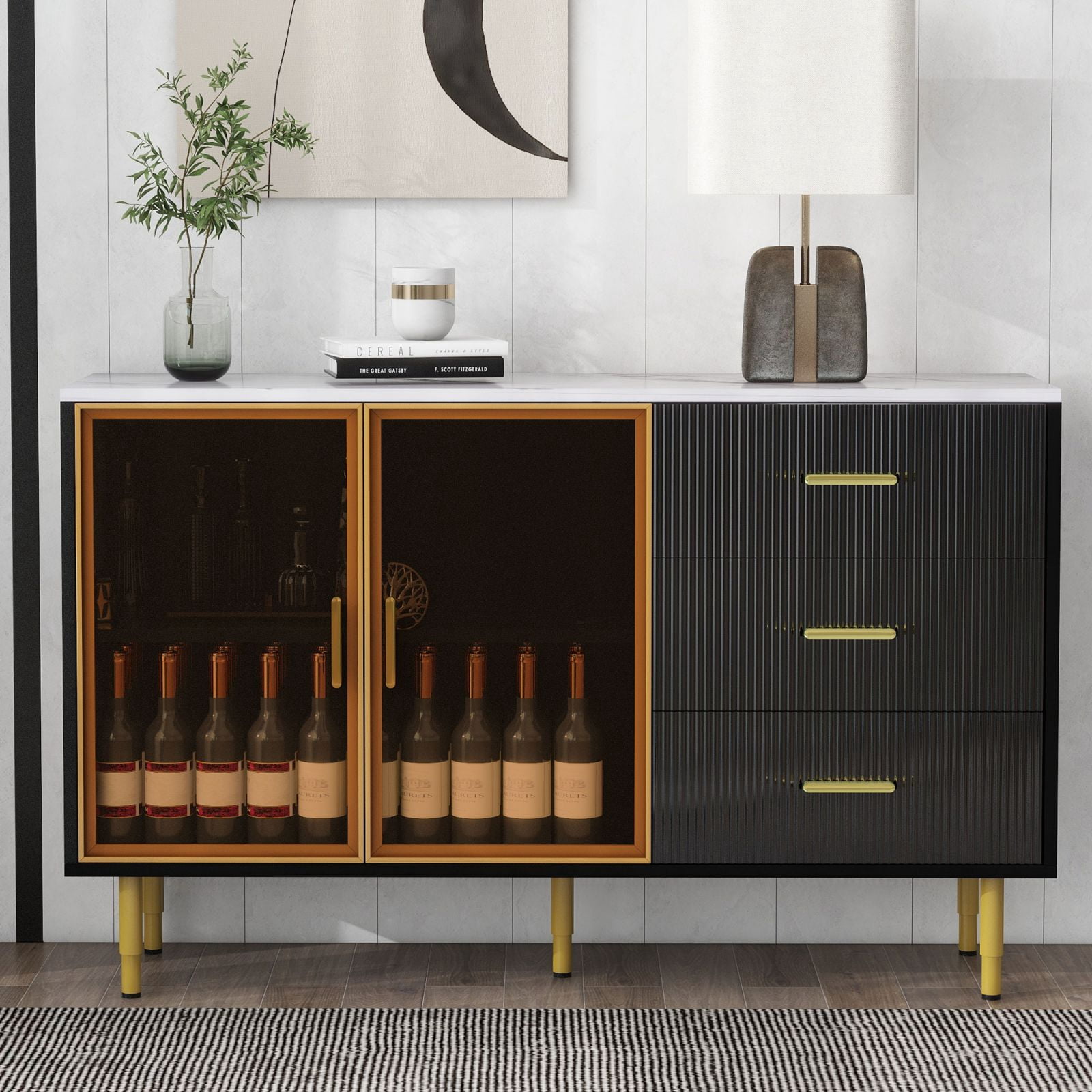 Rugerasy 60'' Buffet Cabinet With 3 Drawers, 2 Doors, Adjustable Shelf ...