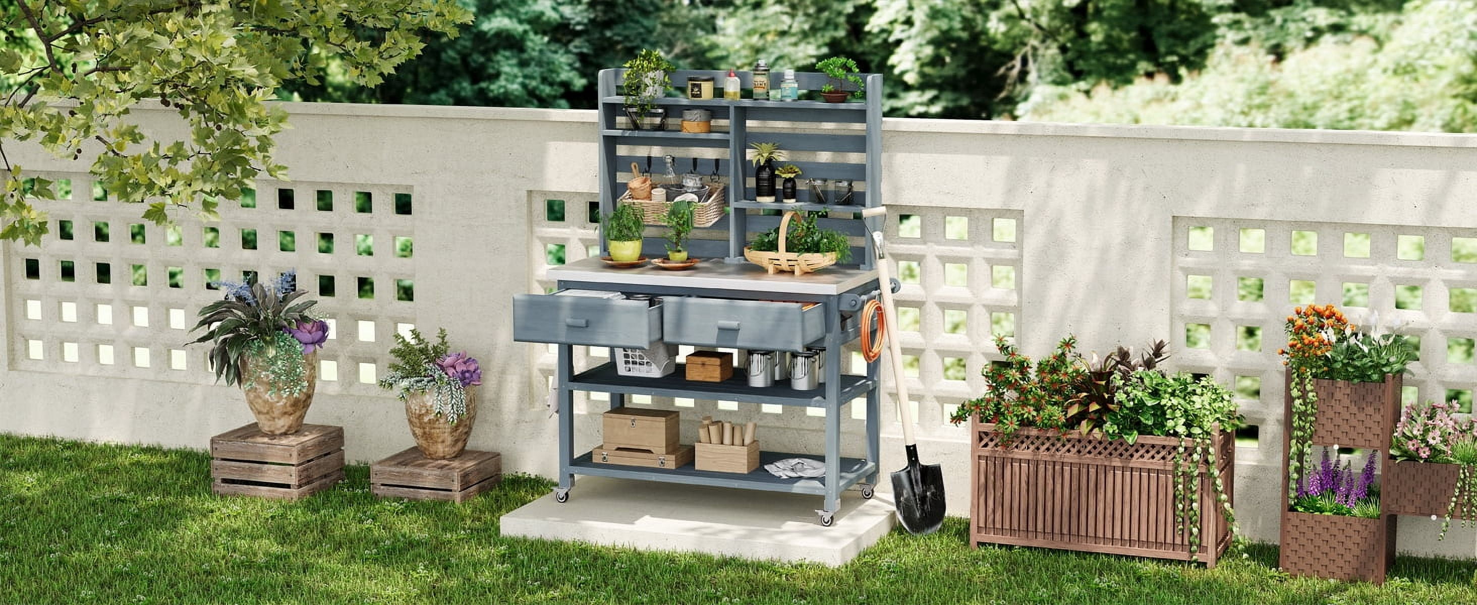 Rugerasy 64.9-inch Tall Outdoor Plant Stand Bench Table with Locking ...