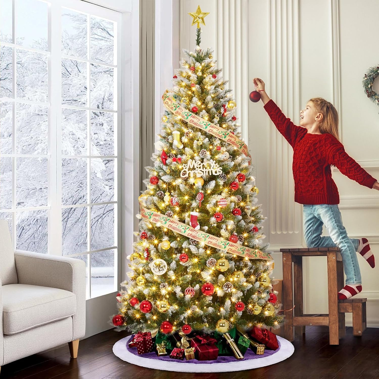 Rugerasy 6FTChristmas Tree,Artificial Tree with Snow-Dusted Pinecones ...