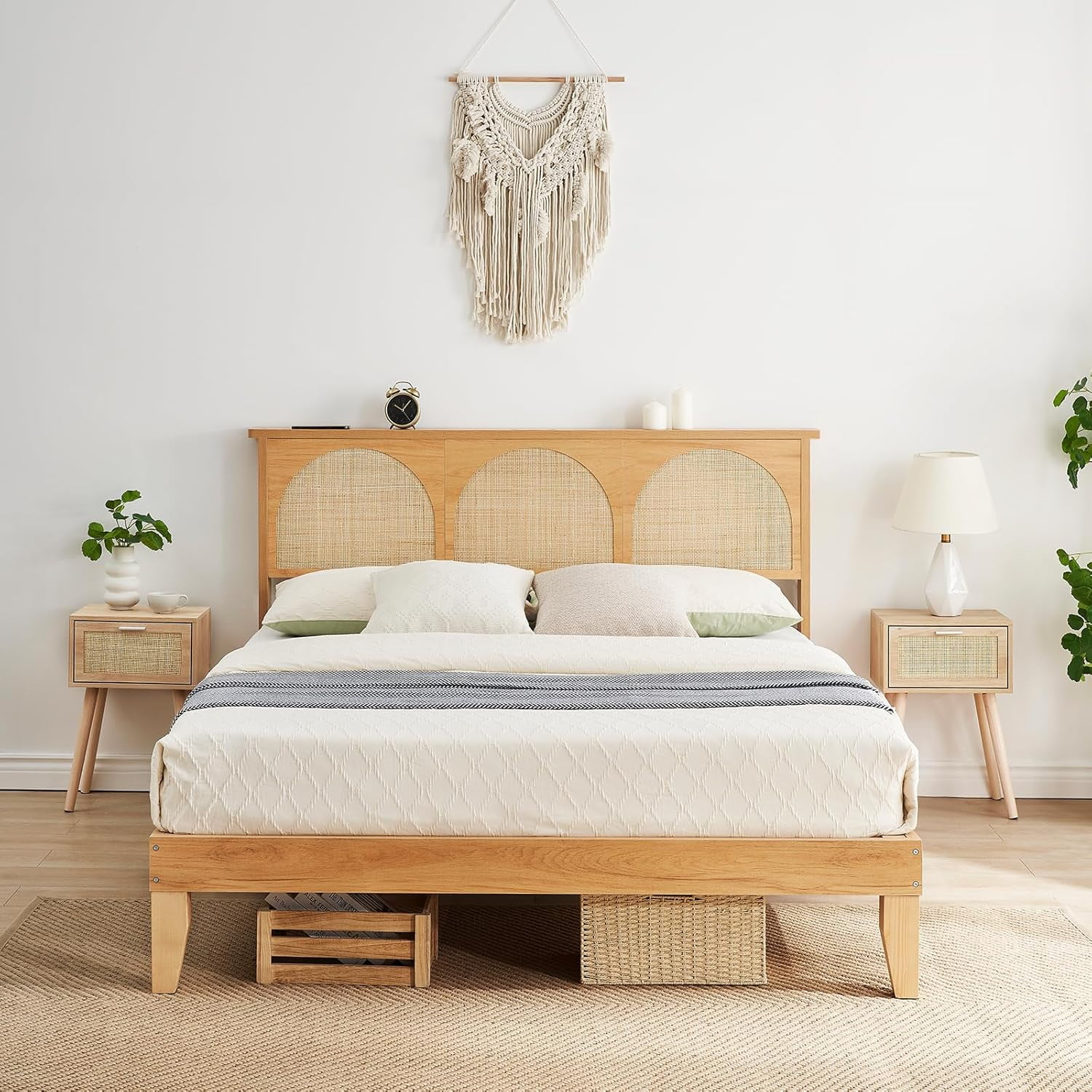 Rugerasy Boho Rattan Bed Frame,Full Size Wooden Bed Platform with ...