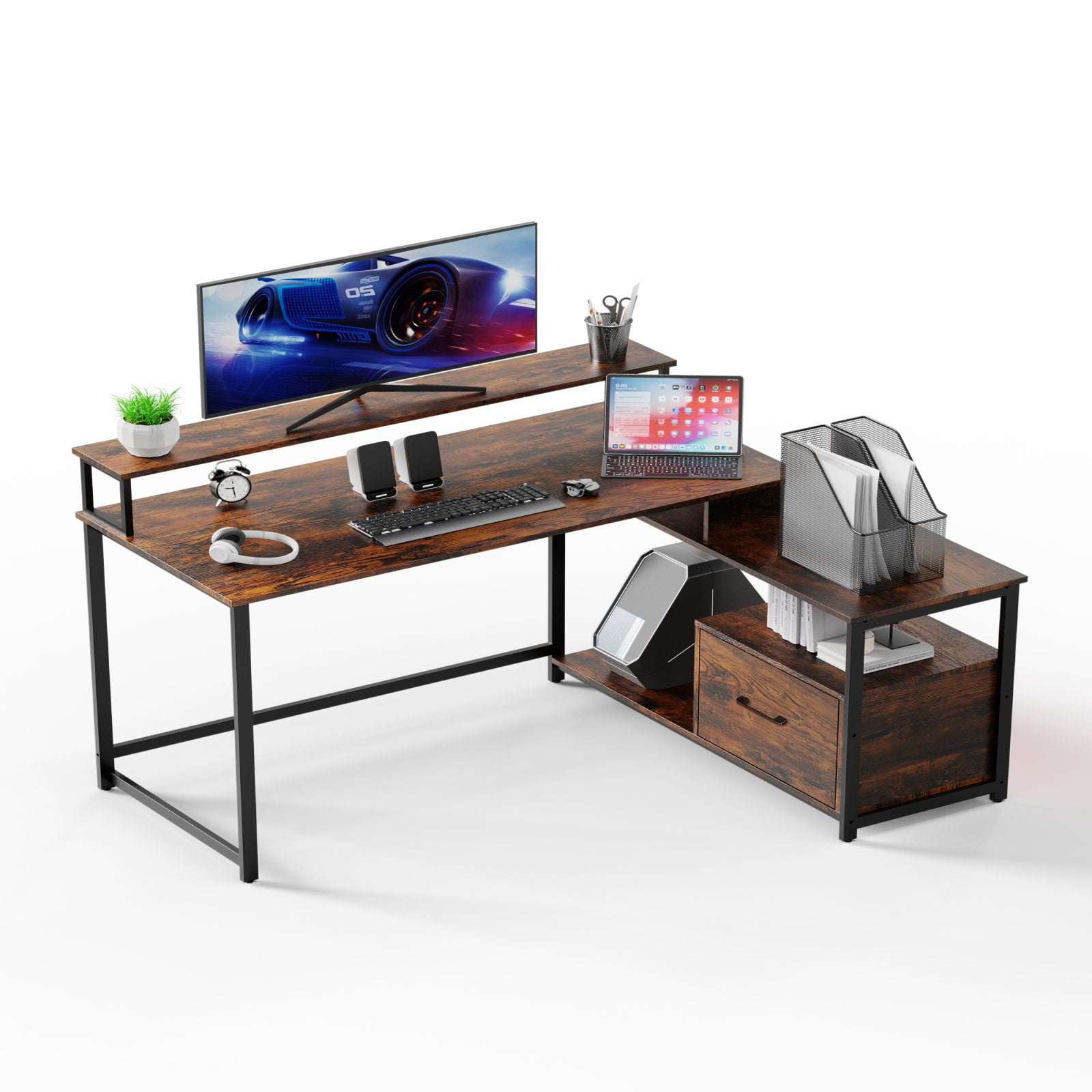 Rugerasy Computer Desk With LED Lights L Shaped Table With Drawers ...