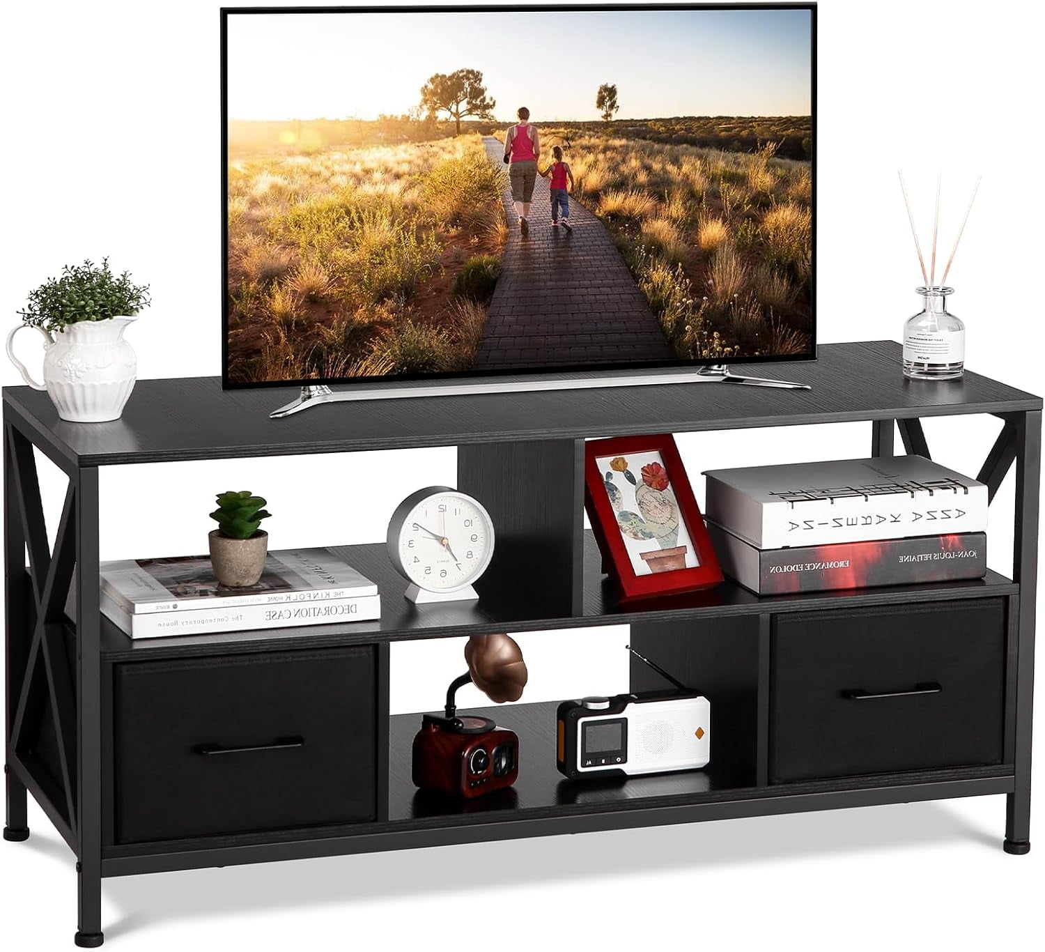 Rugerasy TV Stand with 2 Fabric Drawers for 50 Inch TV, Entertainment ...