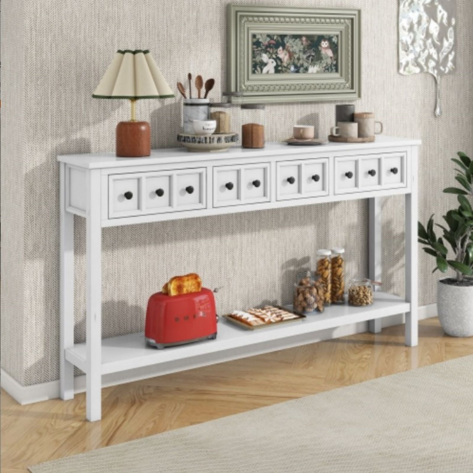 Rugerasy Wooden Console Table With 4 Drawers Bottom Shelf 60" Long Side ...
