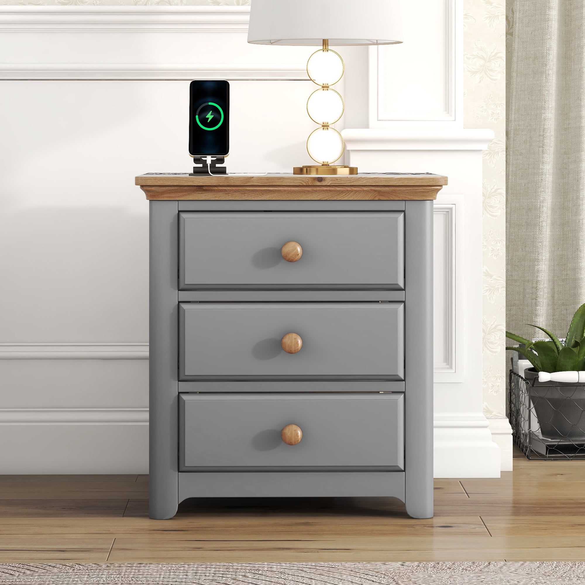 Rugerasy Wooden Nightstand With USB Charging Ports 3 Drawers End Table ...