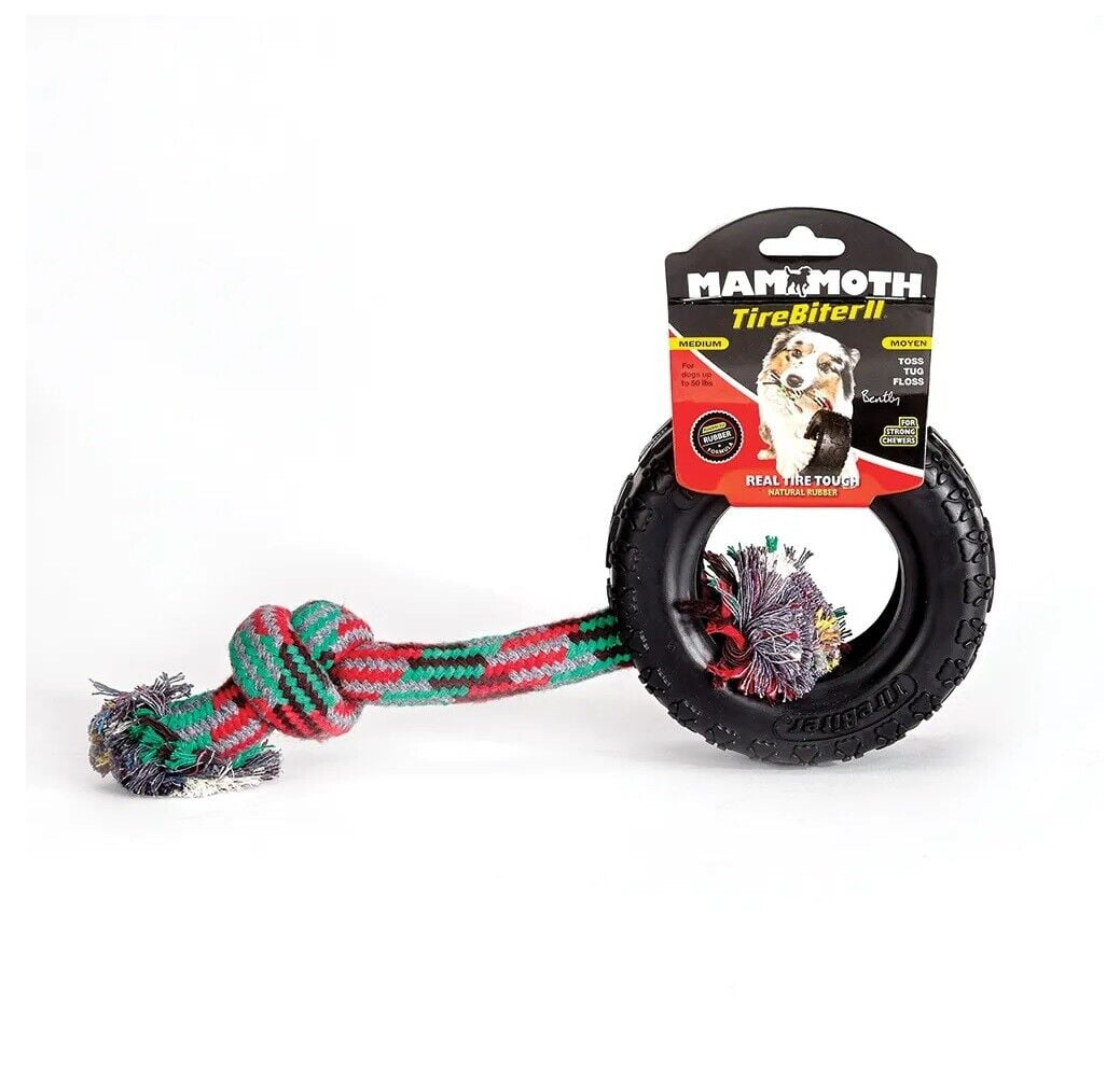 Rugged Hard Rubber Mammoth Tire Biter Dog Toy With Rope Aggressive ...